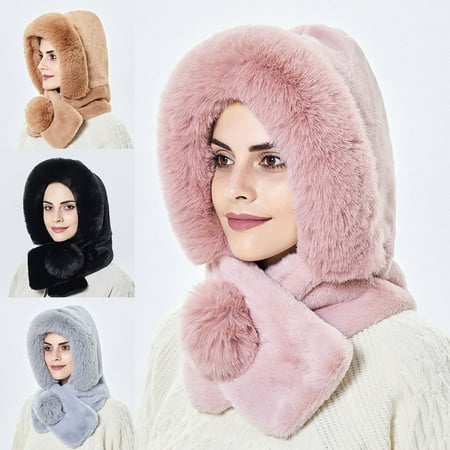 Koszal Women Hat Scarf Warm Fluffy Neck Protection Thicken Pure Color ...