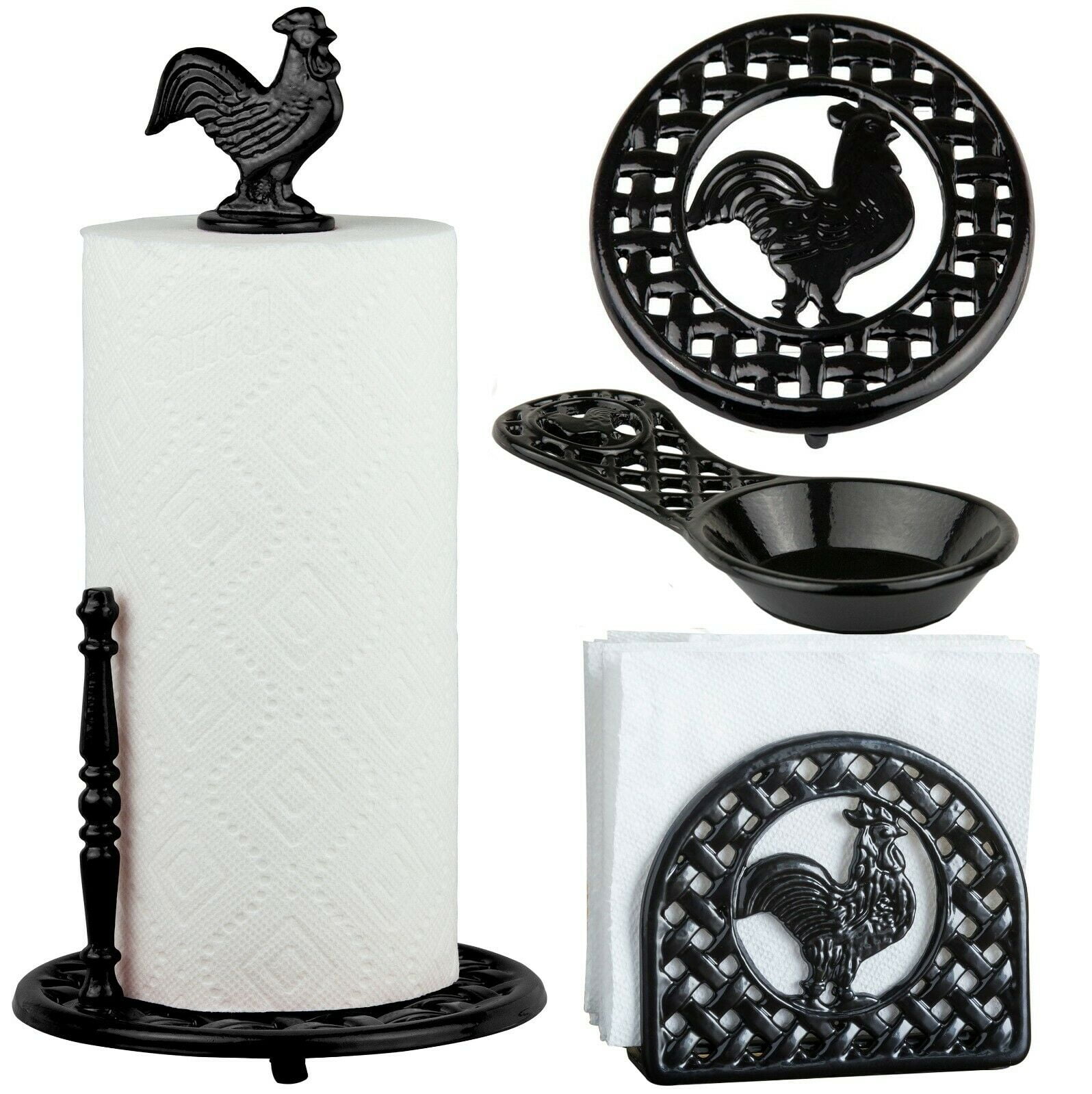 Linen Store Cast Iron Rooster 4 Piece Set Paper Towel & Napkin Holder ...