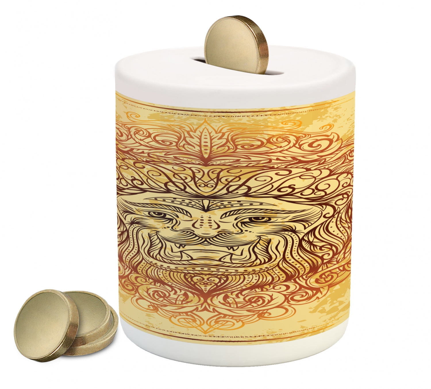 Safari Piggy Bank, Zodiac Lion Baroque Motifs on Grunge Aged Background ...