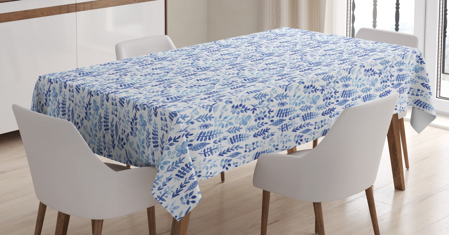 Blue and White Tablecloth, Watercolor Style Herbs Fresh Nature Meadow ...