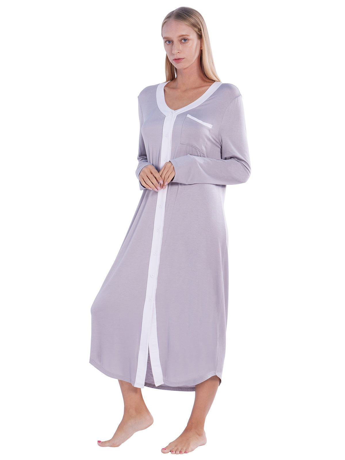 EFINNY Women's Nightgowns Long Sleeve Button Down Nightshirt V-Neck ...