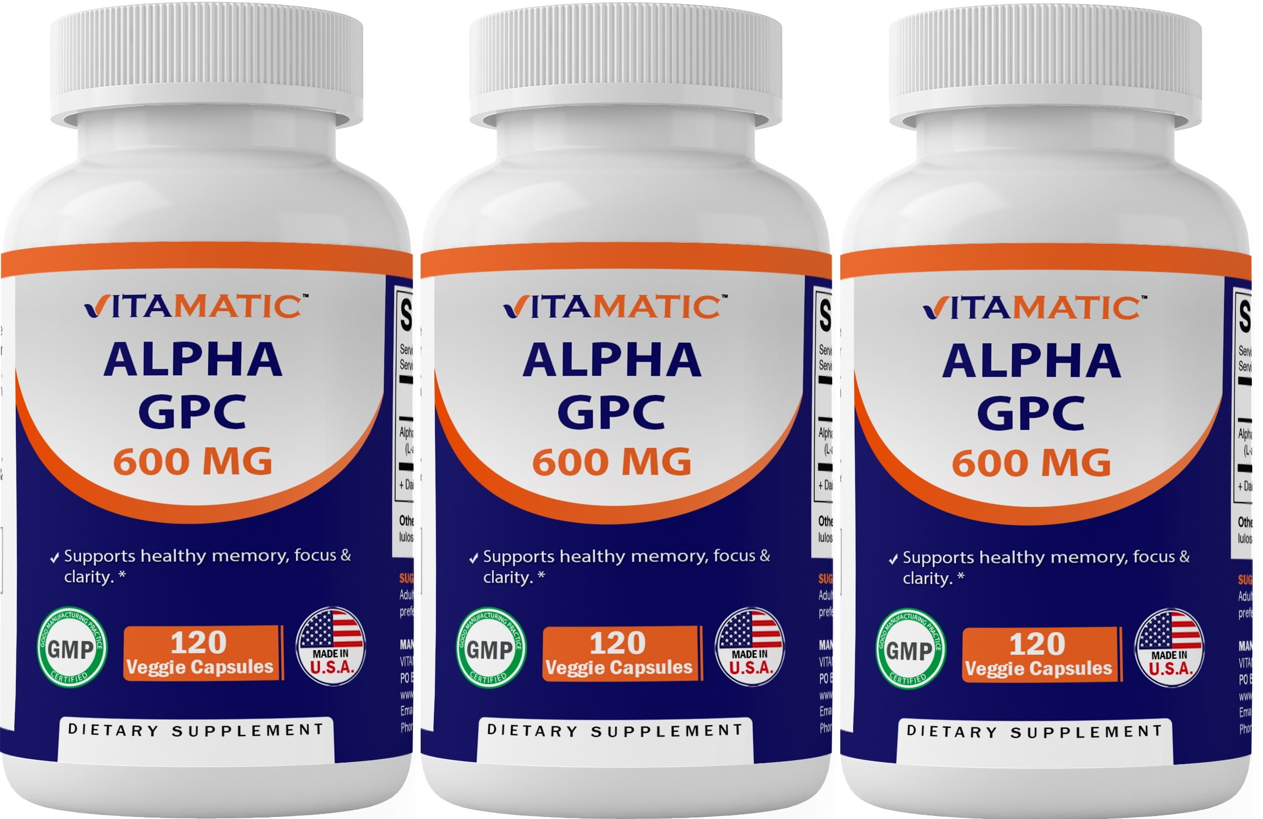 3 Pack Vitamatic Alpha GPC Choline Supplement 600mg per Serving - 120 ...