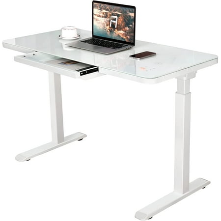 Electric Standing Desk with Drawer Tempered Glass Desk Computer Surface ...