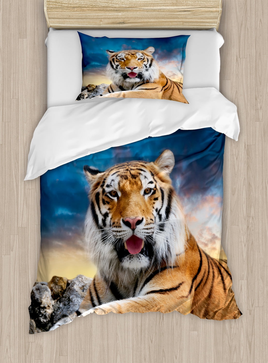 Tiger Duvet Cover Set Twin Size, Calm Siberian Large Cat with Beautiful ...