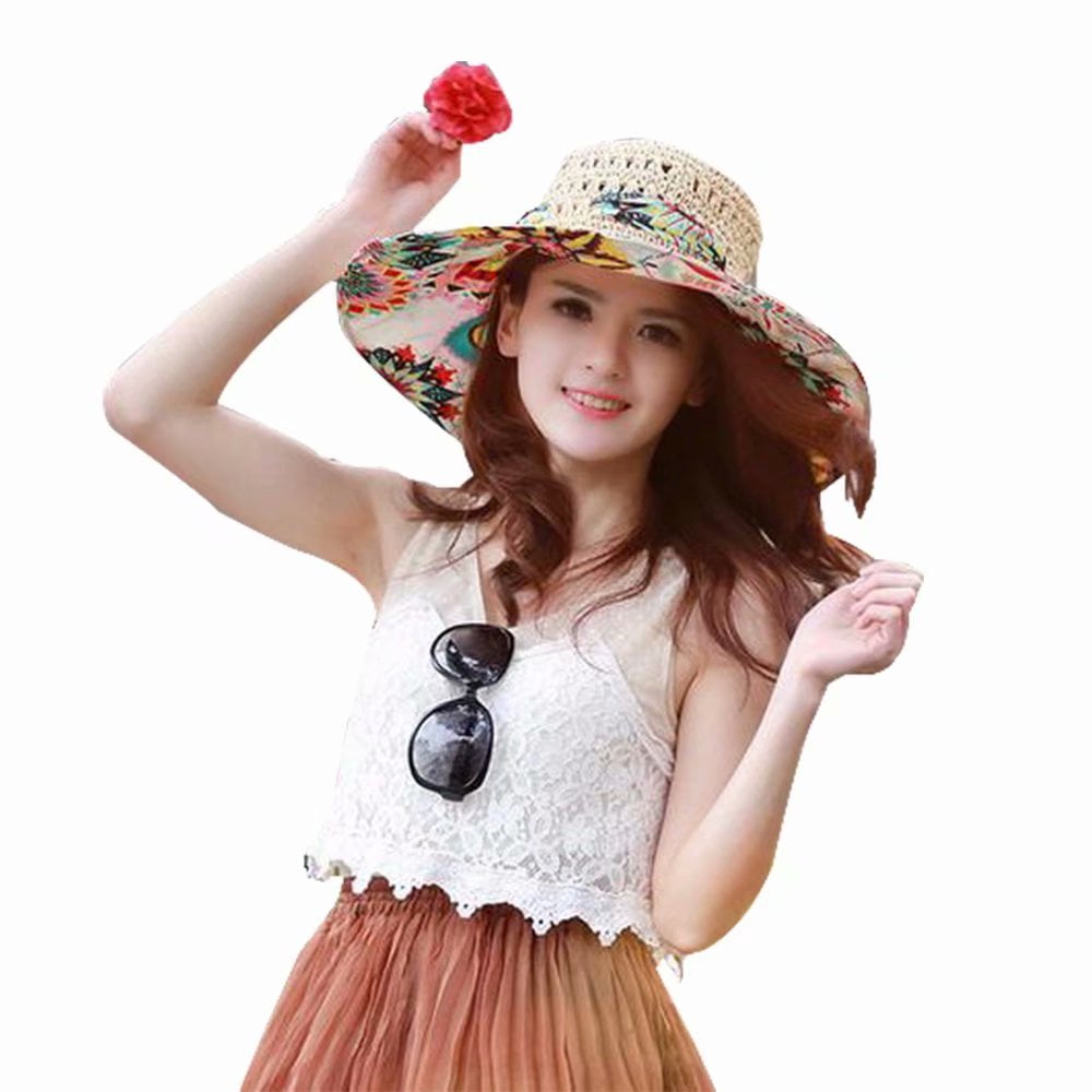 Home Cal Women Foldable Big Brim Sun Protection Sun Hat Seaside Beach