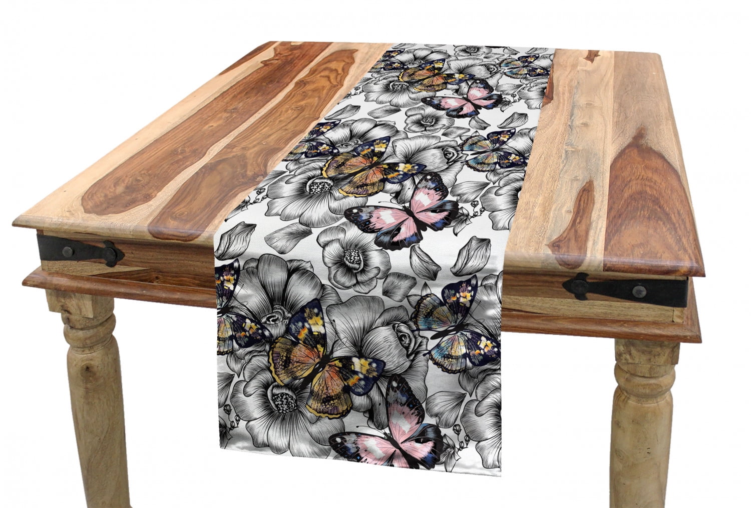 Butterfly Table Runner, Monarch Butterflies on Hand Drawn Flowers ...