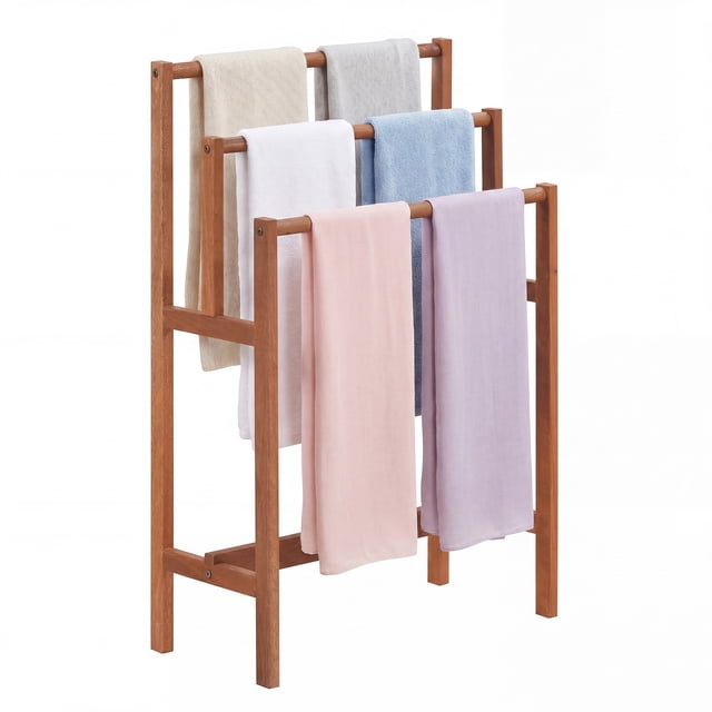 Gymax Free Standing Towel Rack 3-Tier Solid Wood Blanket Rack Floor ...