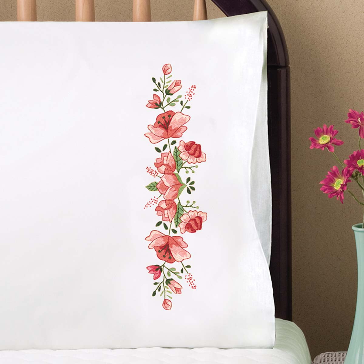 Tobin Stamped For Embroidery Pillowcase Pair 20"X30"-Pink Floral ...