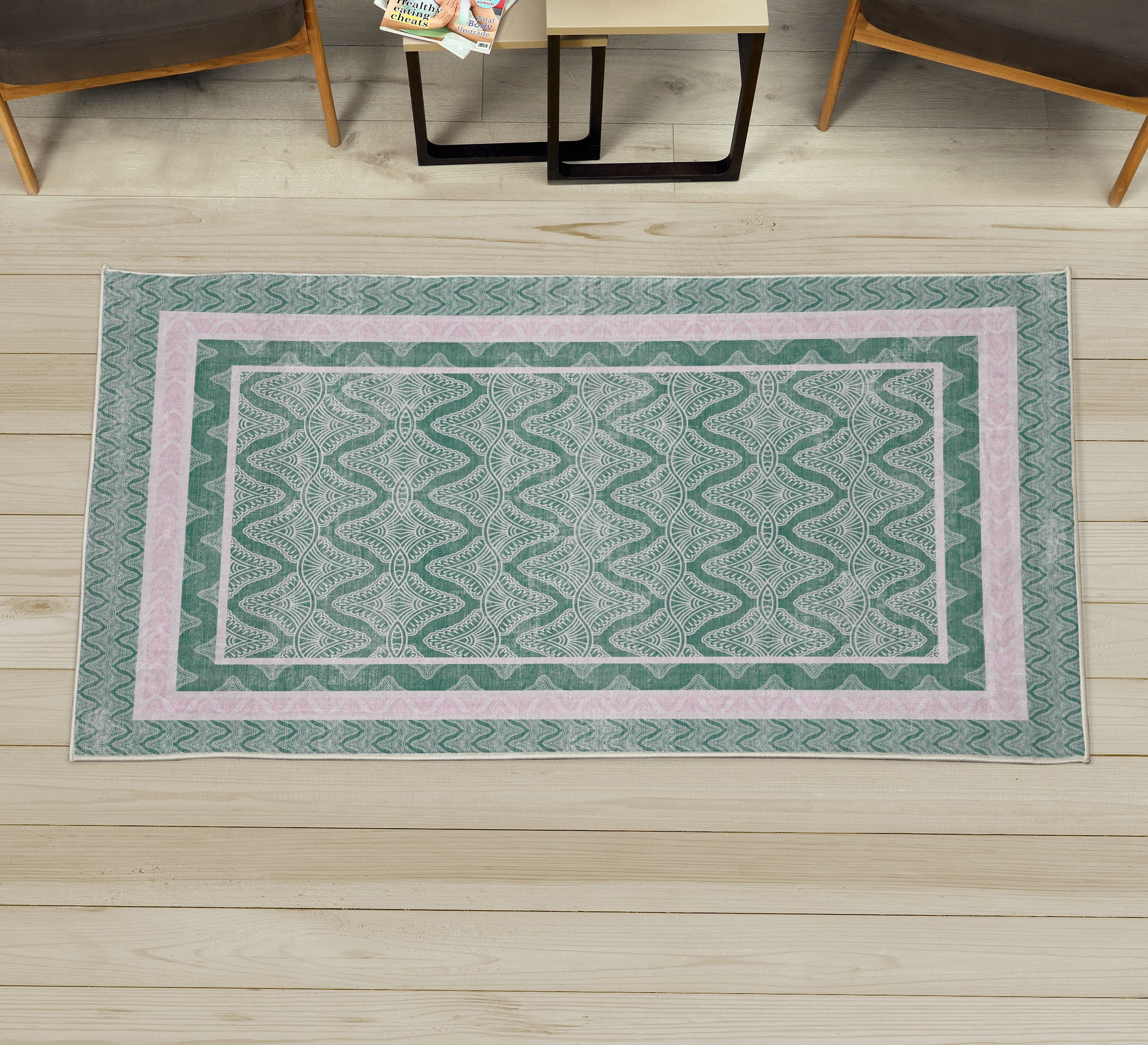 Bohemian Decorative Rug, Earthy Geometric Wavy Motif Ethnic Concept ...
