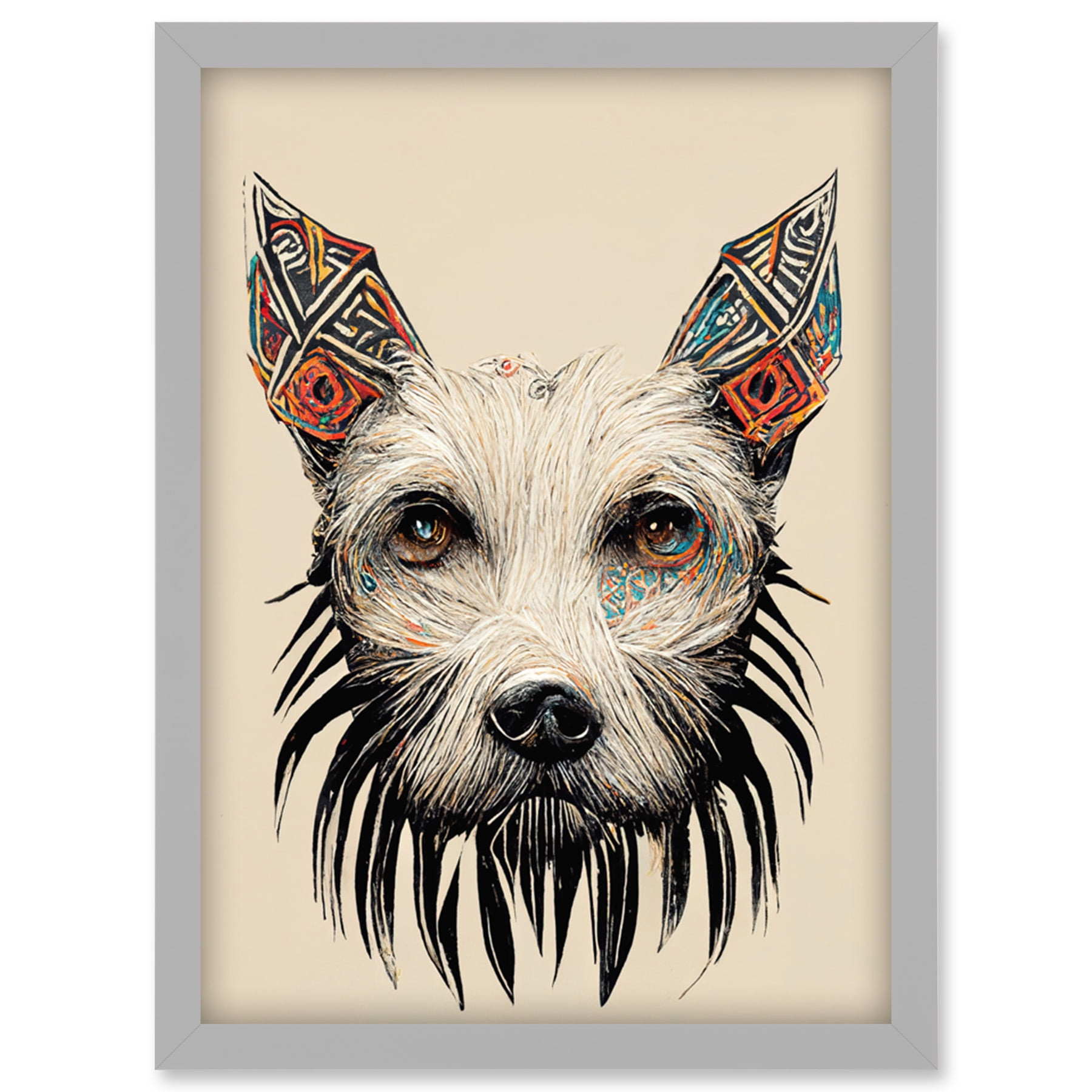Boho Terrier Dog Face With Tribal Pattern Ears Artwork Framed Wall Art ...