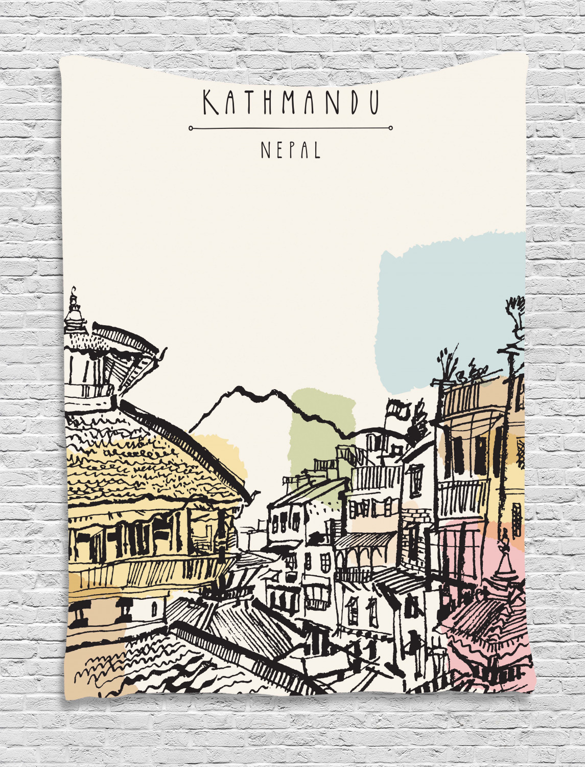 Nepal Tapestry, Hand Drawn Temples of Durbar Mountains and Buildings in ...