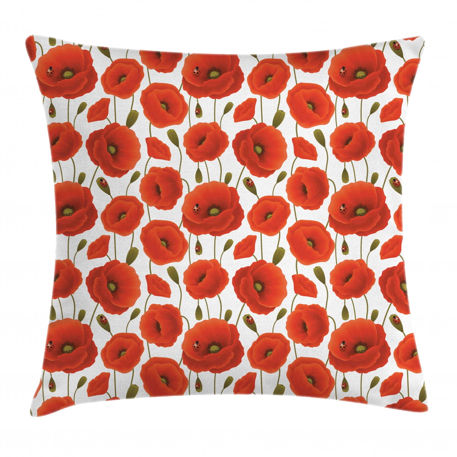 Poppy Throw Pillow Cushion Cover, Spring Flowers with Ladybugs Animals ...