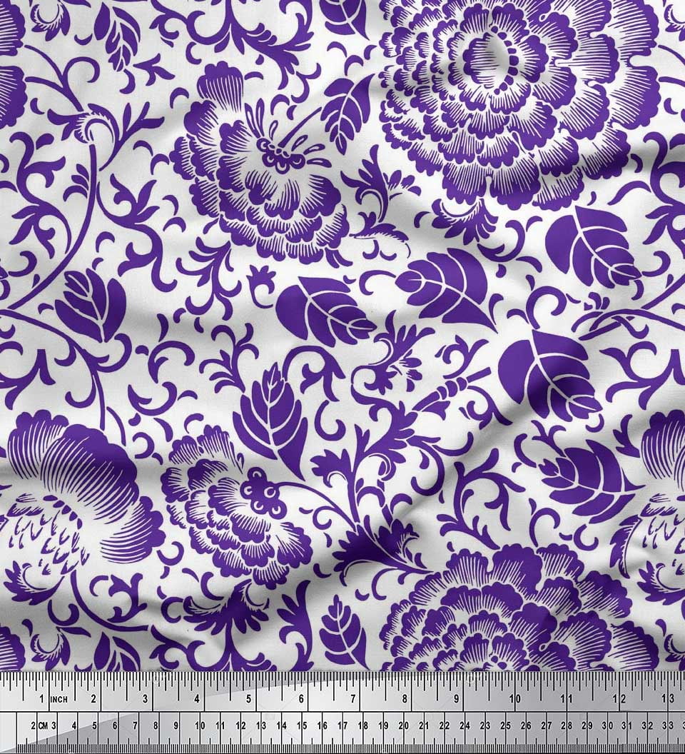 Soimoi Viscose Chiffon Fabric Leaves & Marigold Artistic Print Fabric ...