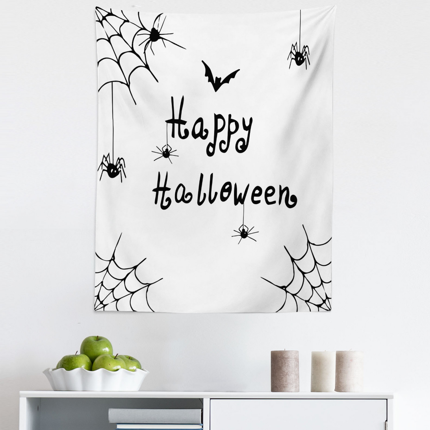 Spider Web Tapestry, Happy Halloween Celebration Monochrome Hand Drawn ...