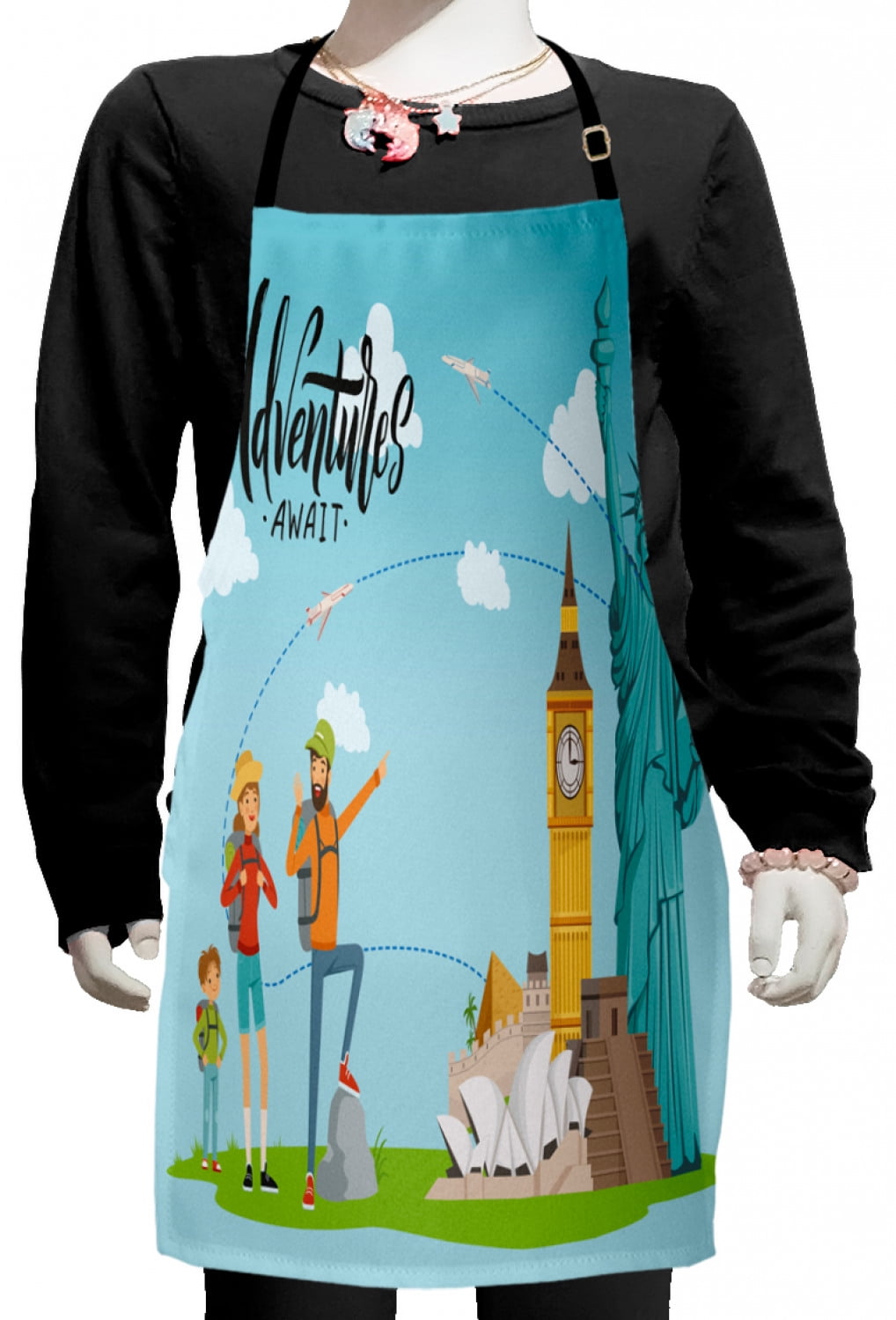 Travel Kids Apron, Adventures Await Calligraphy with Tourist Family ...