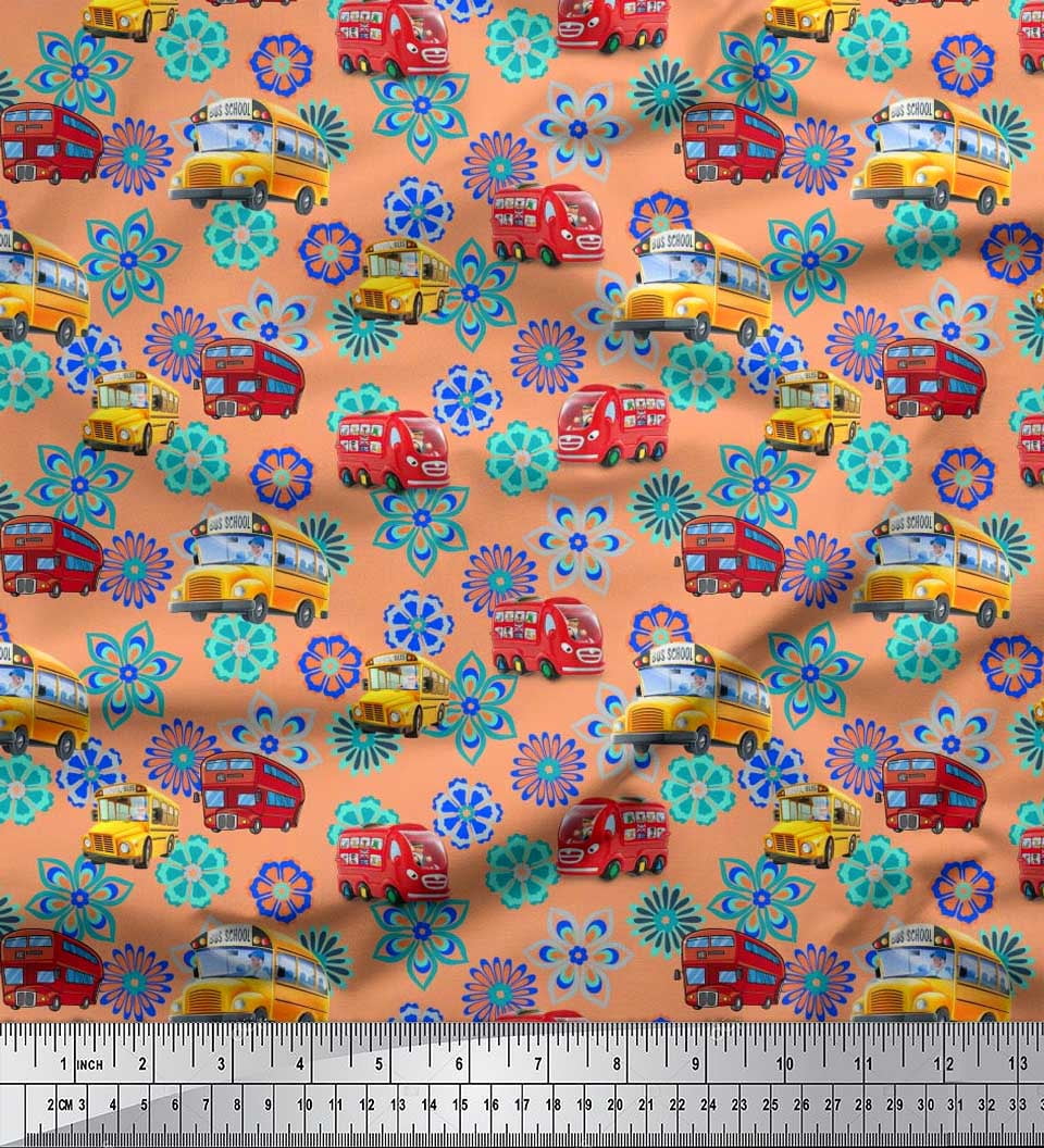 Soimoi Silk Fabric Artistic Floral & School Bus Kids Print Fabric by ...