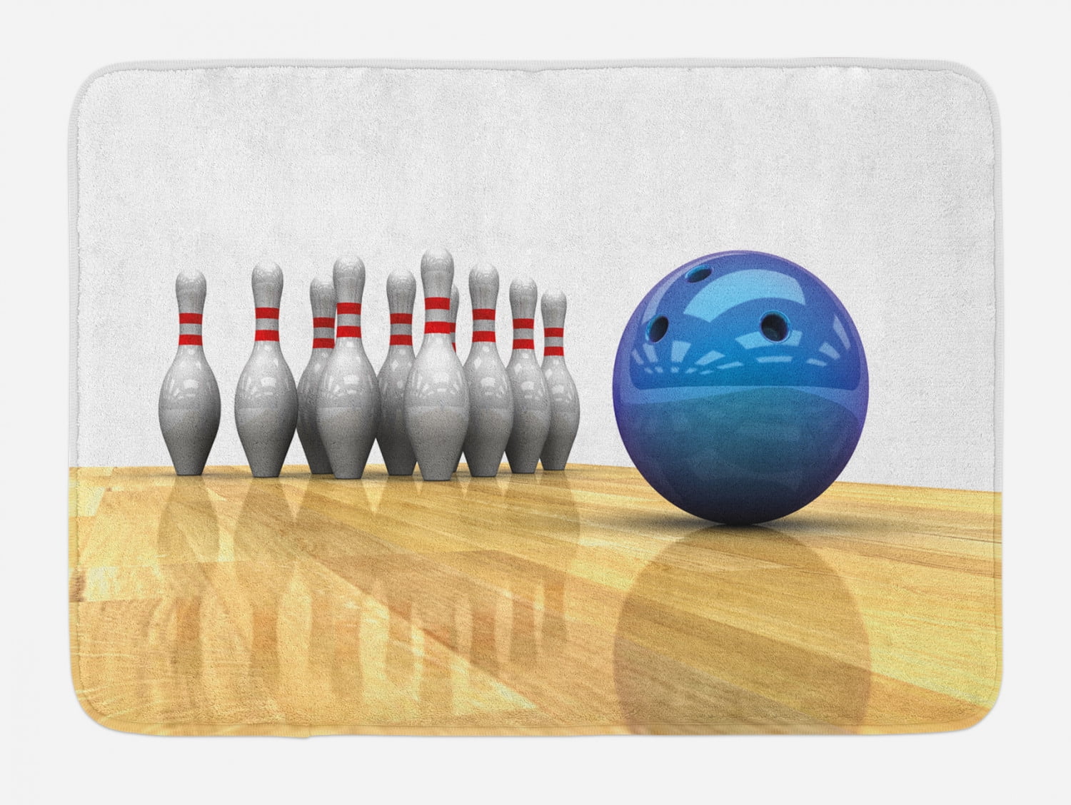 Bowling Party Bath Mat, Vivid Objects Ball and Pins on a Parquet Floor ...