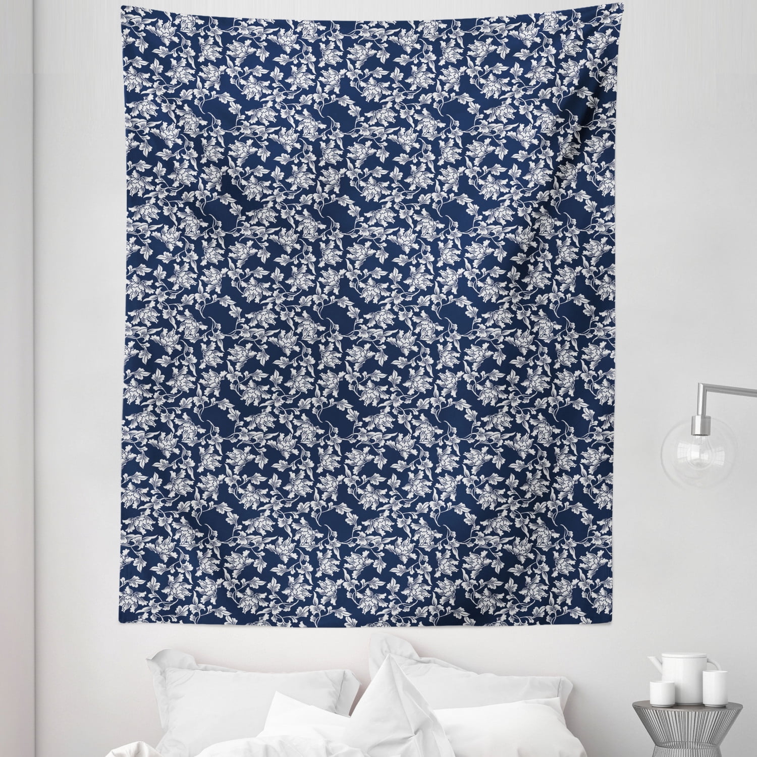 Navy Blue Tapestry, Floral Arrangement Botanic Foliage Pattern Japanese ...