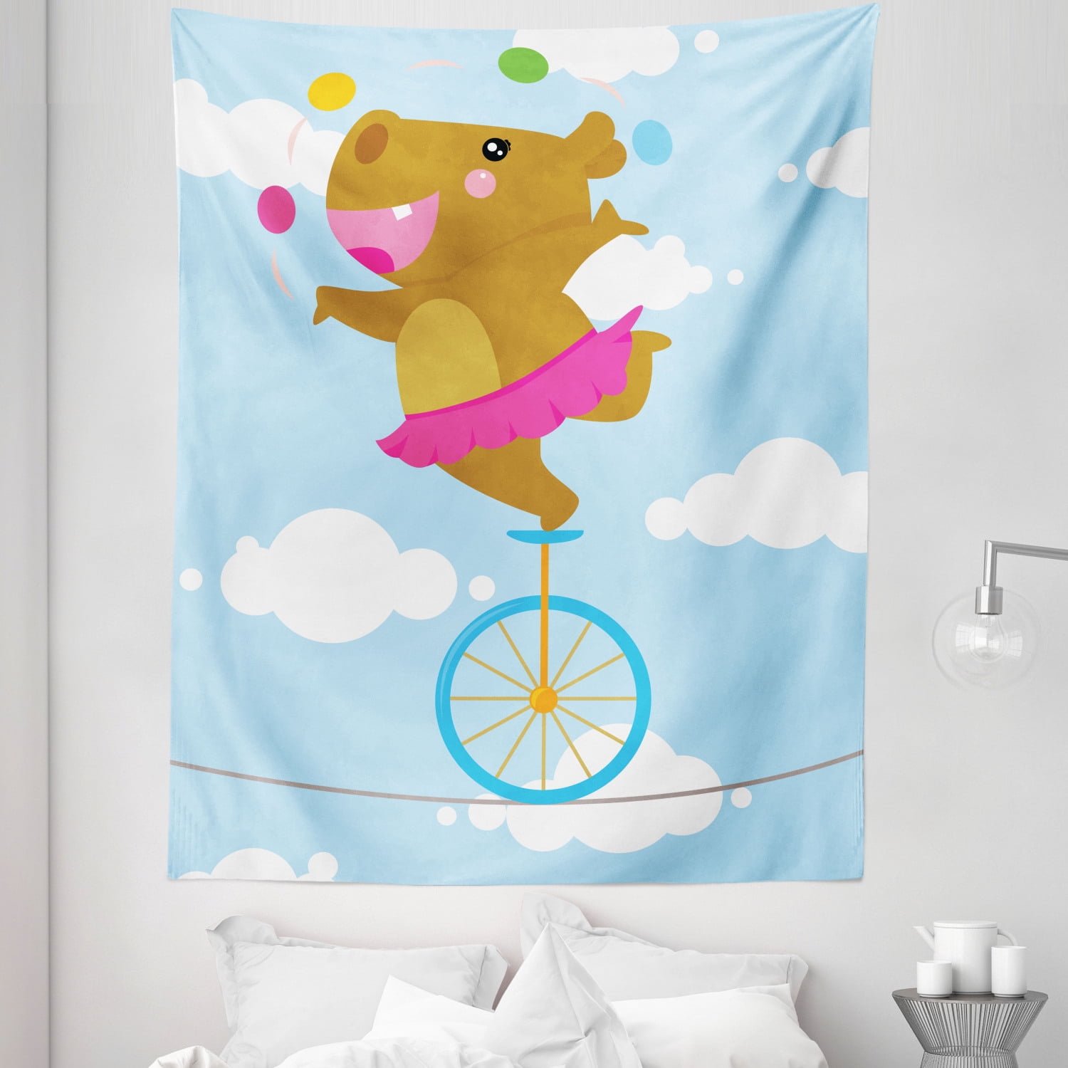 Circus Tapestry, Happy Balerina Hippo Juggling on Tightrope with Wheel ...