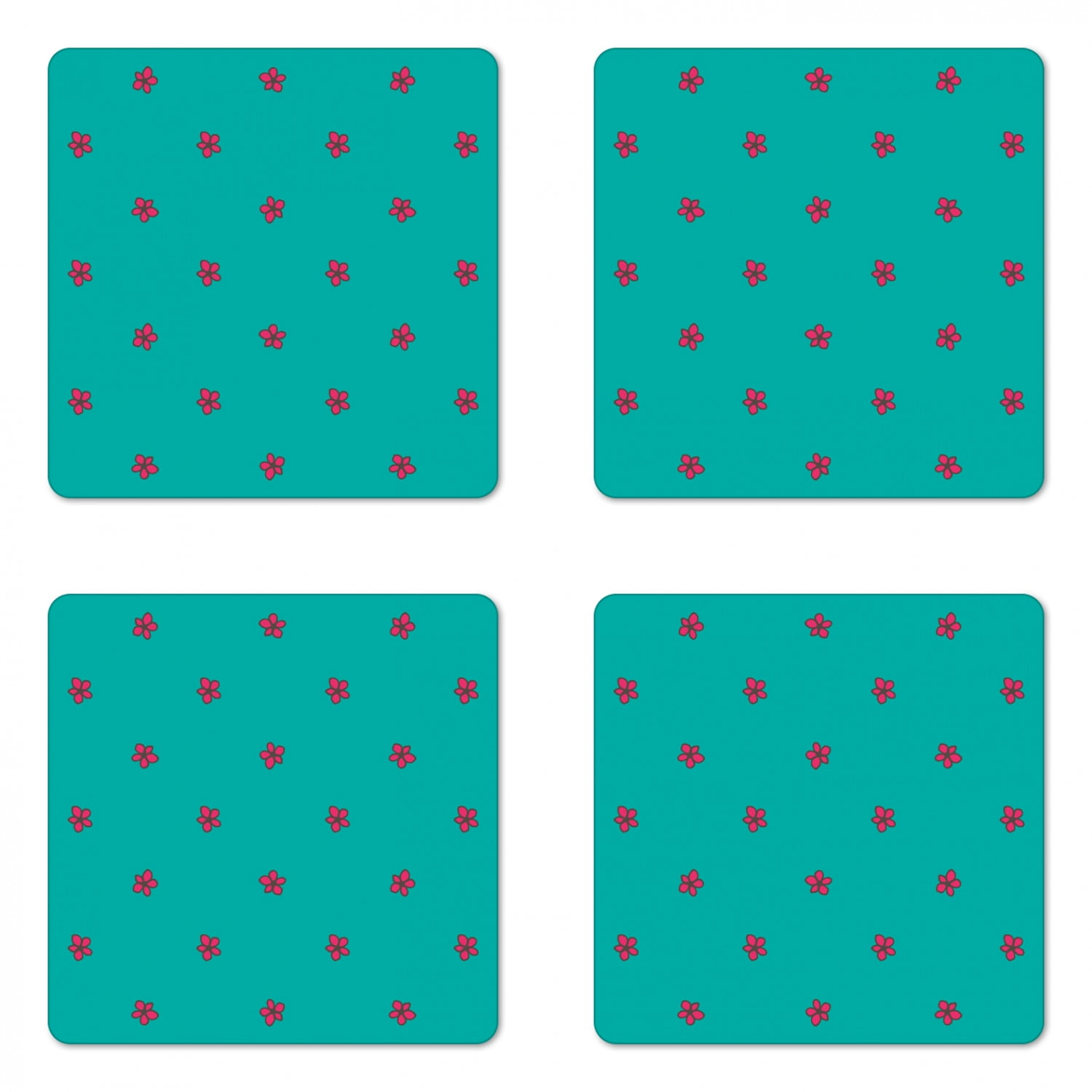Teal Coaster Set of 4, Hand Drawn Pink Wild Flowers Pattern on Teal ...