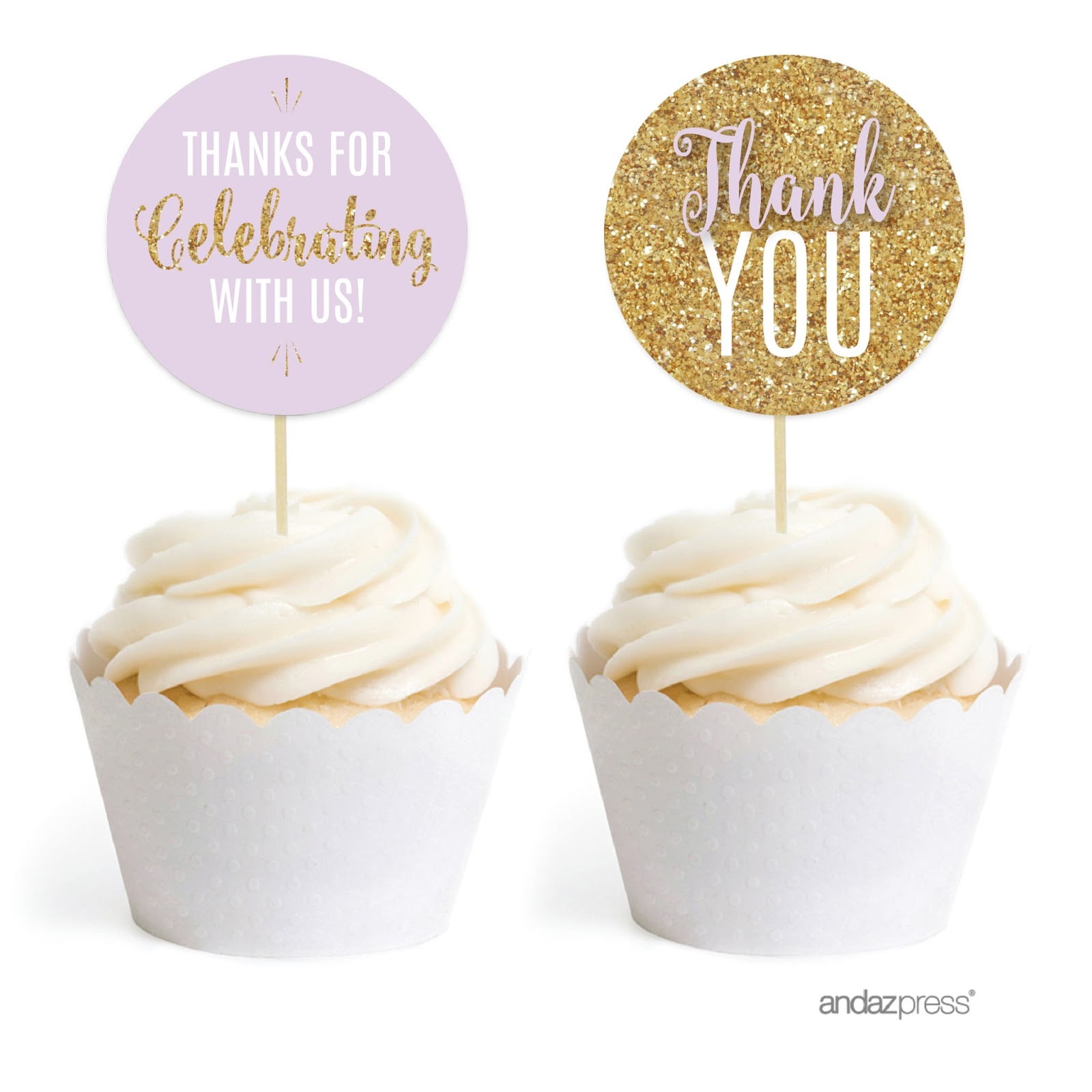 Signature Lavender, White, Gold Glittering Party, Round Cupcake Toppers ...
