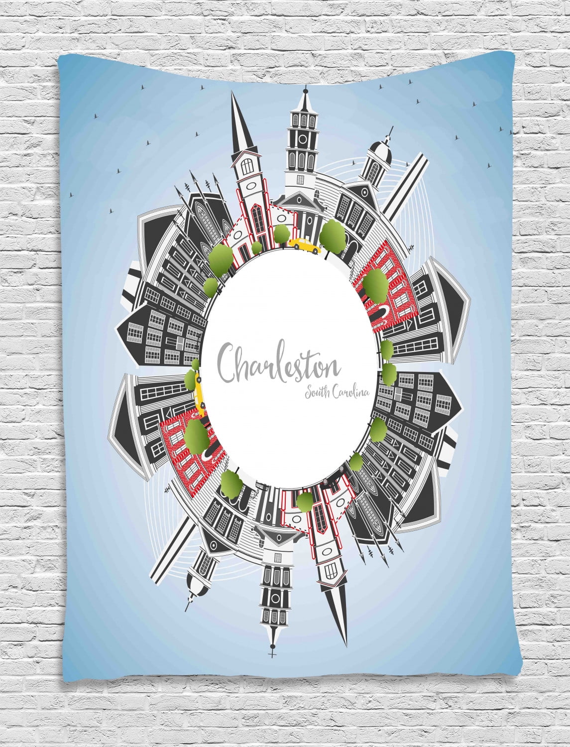 Charleston Tapestry, Buildings on a Globe Pattern American Urban ...