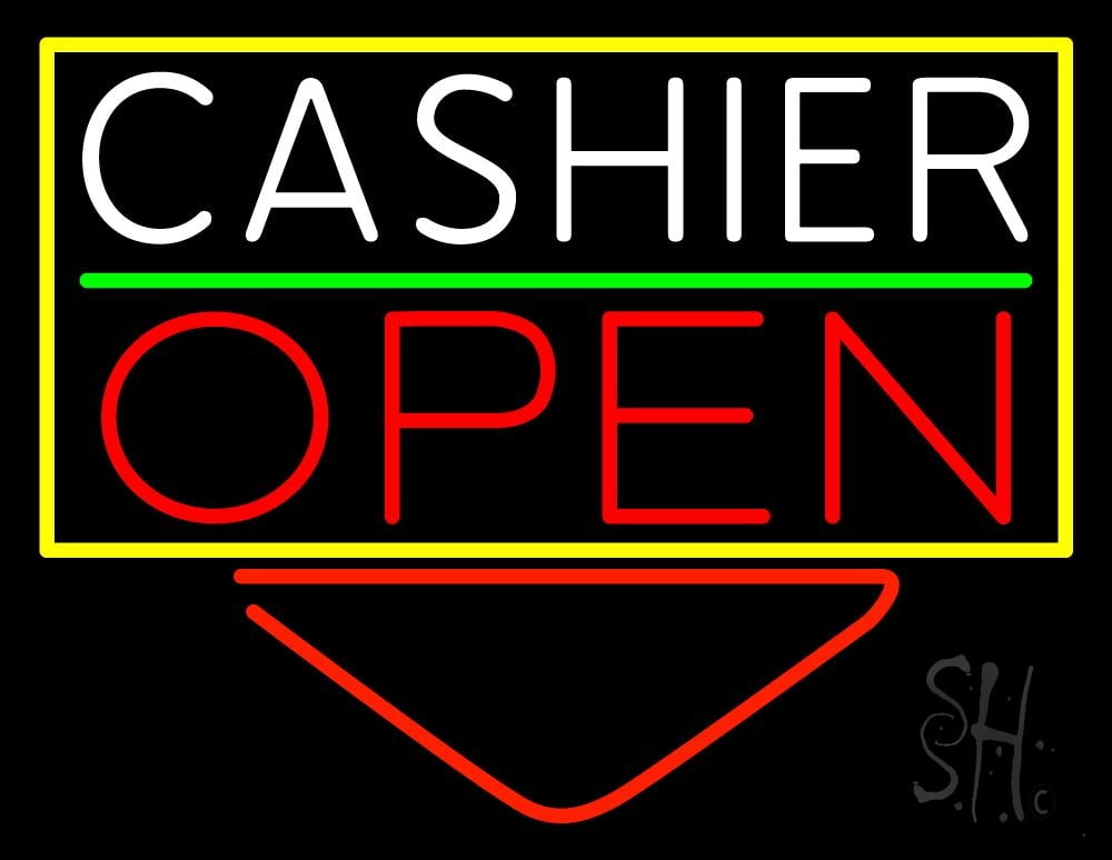 Cashier With Arrow Open LED Neon Sign 24 x 31 - inches, Clear Edge Cut ...