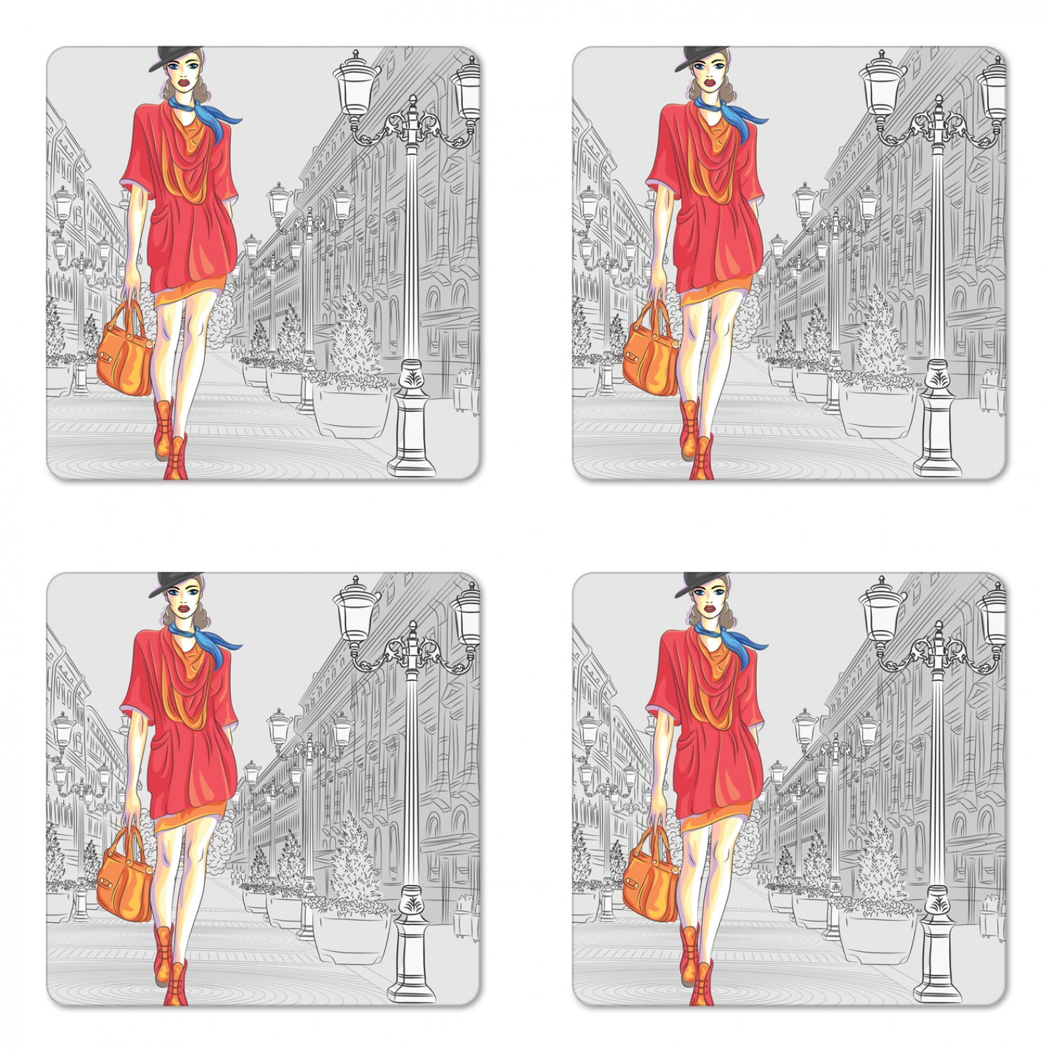 Fashion Coaster Set of 4, Urban Fashion Themed Image with Girl in ...