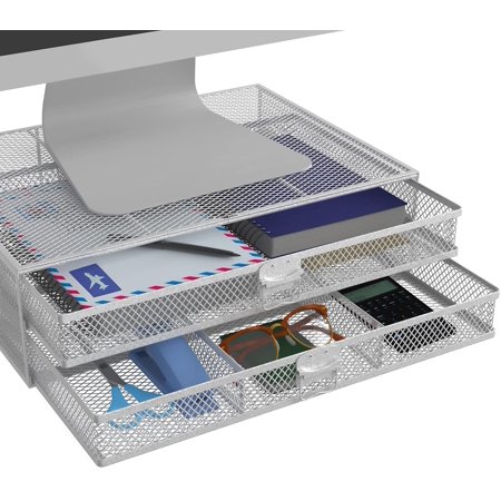 Metal Mesh Monitor Riser Desktop Stand with Storage Drawers for ...