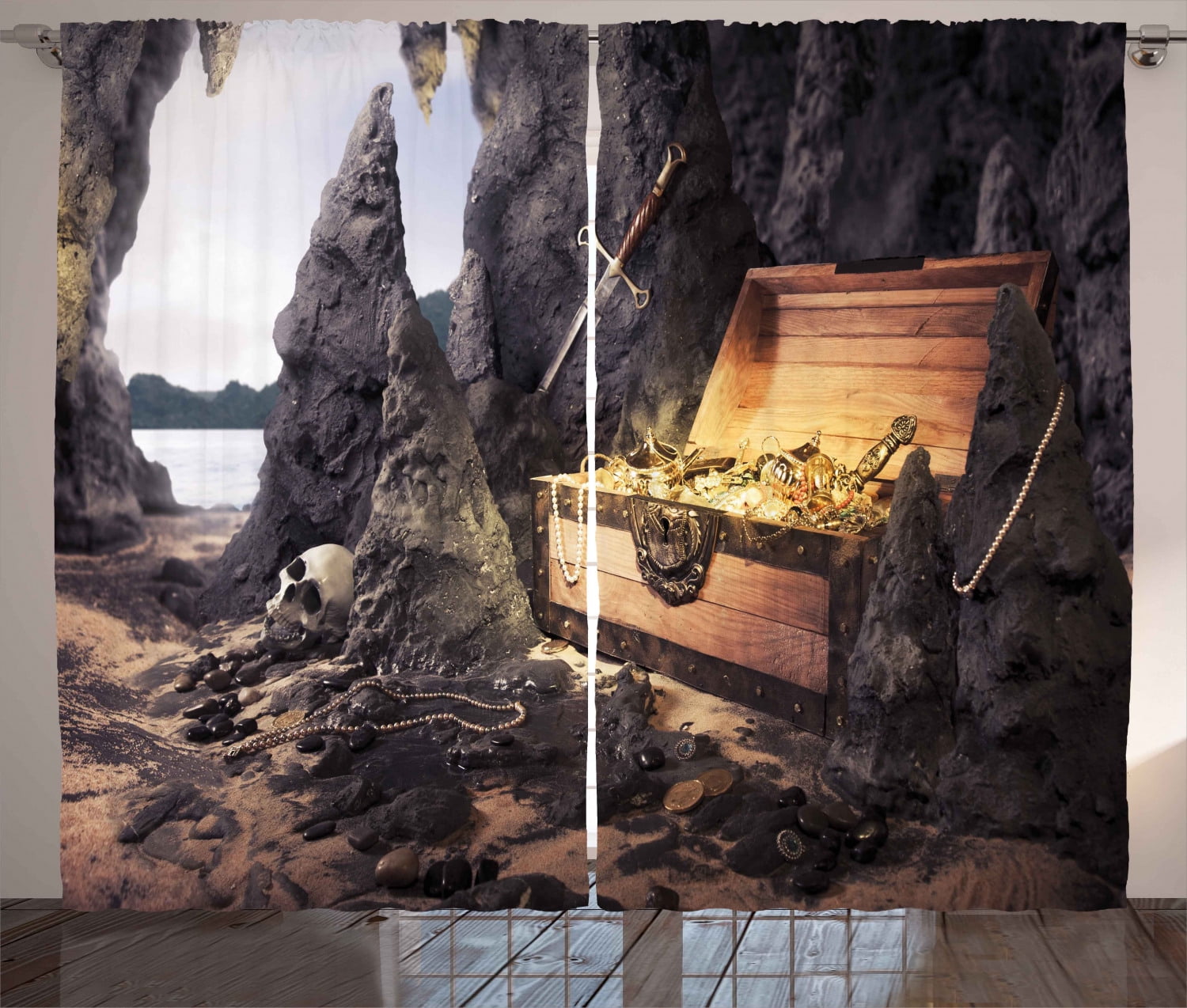 Fantasy Curtains 2 Panels Set, Open Treasure Chest with Golds and Sword ...