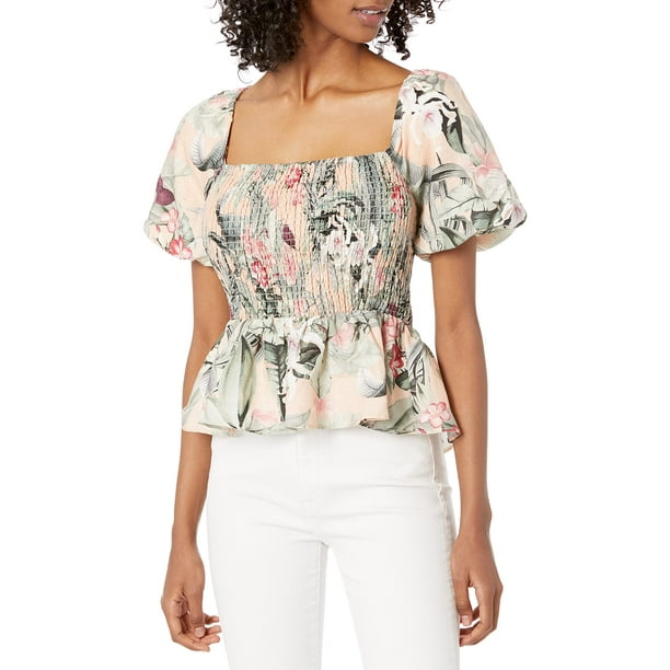 GUESS Women's Short Sleeve Lindy Smocked Top, Orchid Jungle Print Peach ...