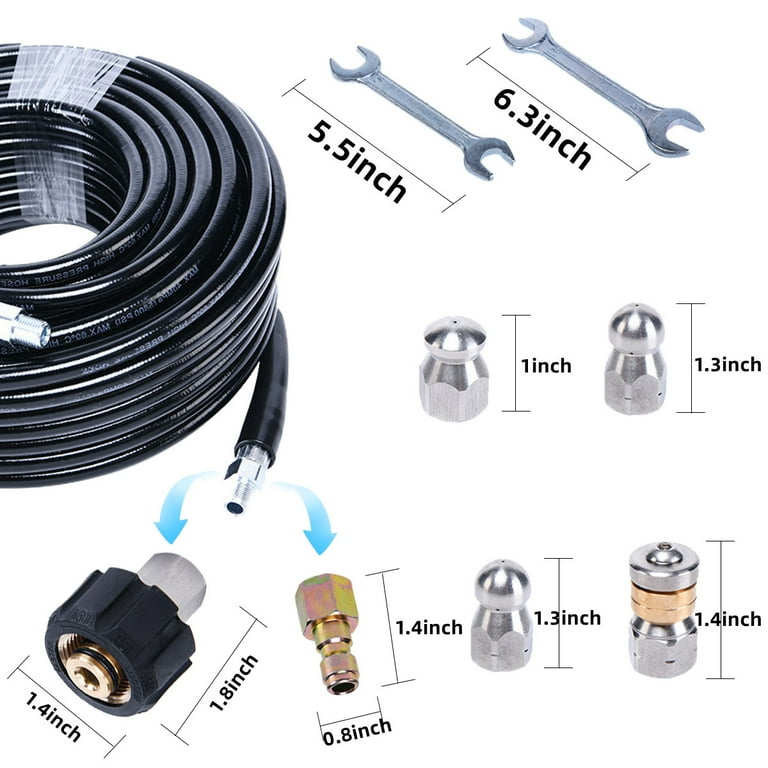 Kit 100FT For Pressure Washer, 5800PSI Drain Cleaner Hose 1/4 Inch NPT ...