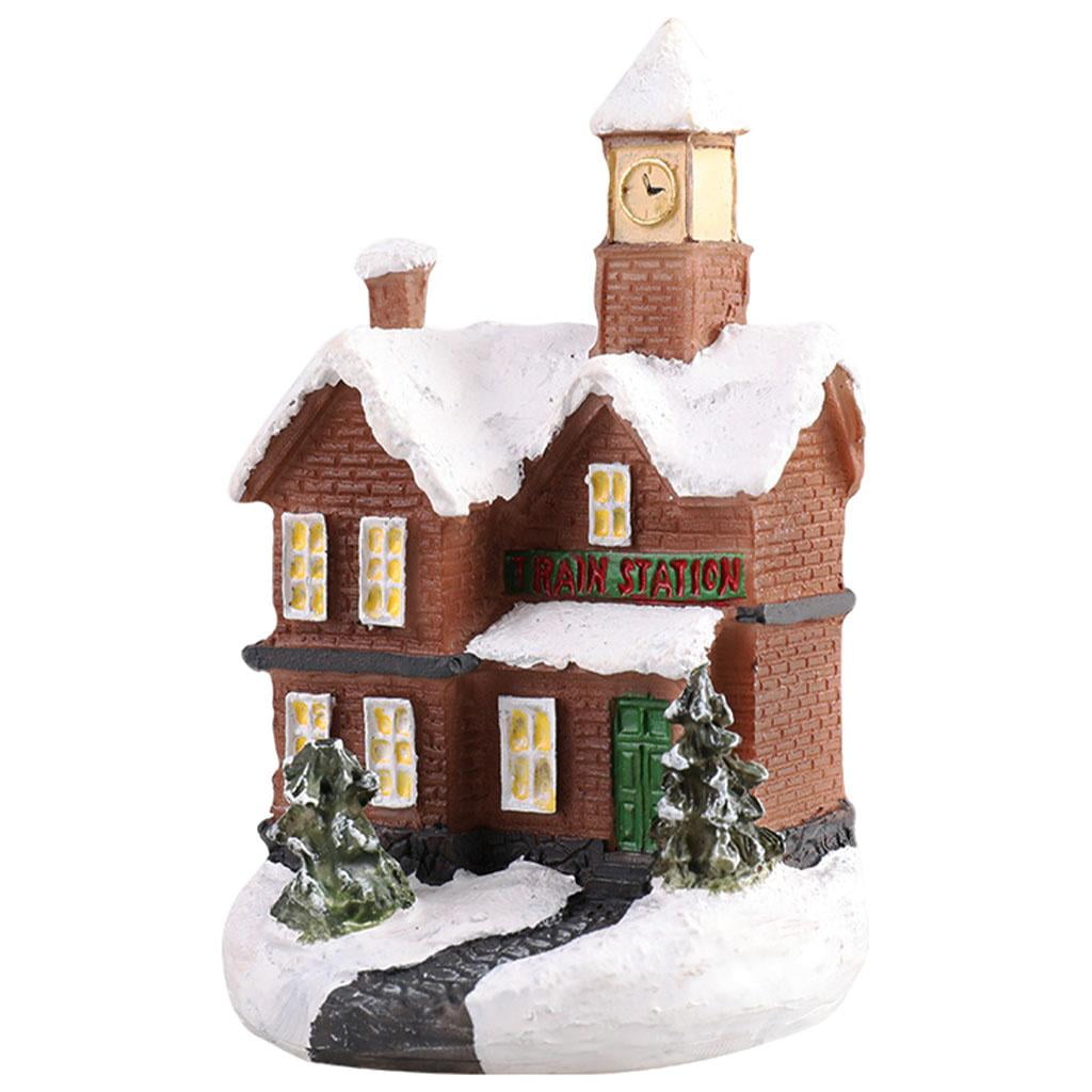 Resin Mini Christmas Scene Snow House LED Warm Light Miniature Village ...