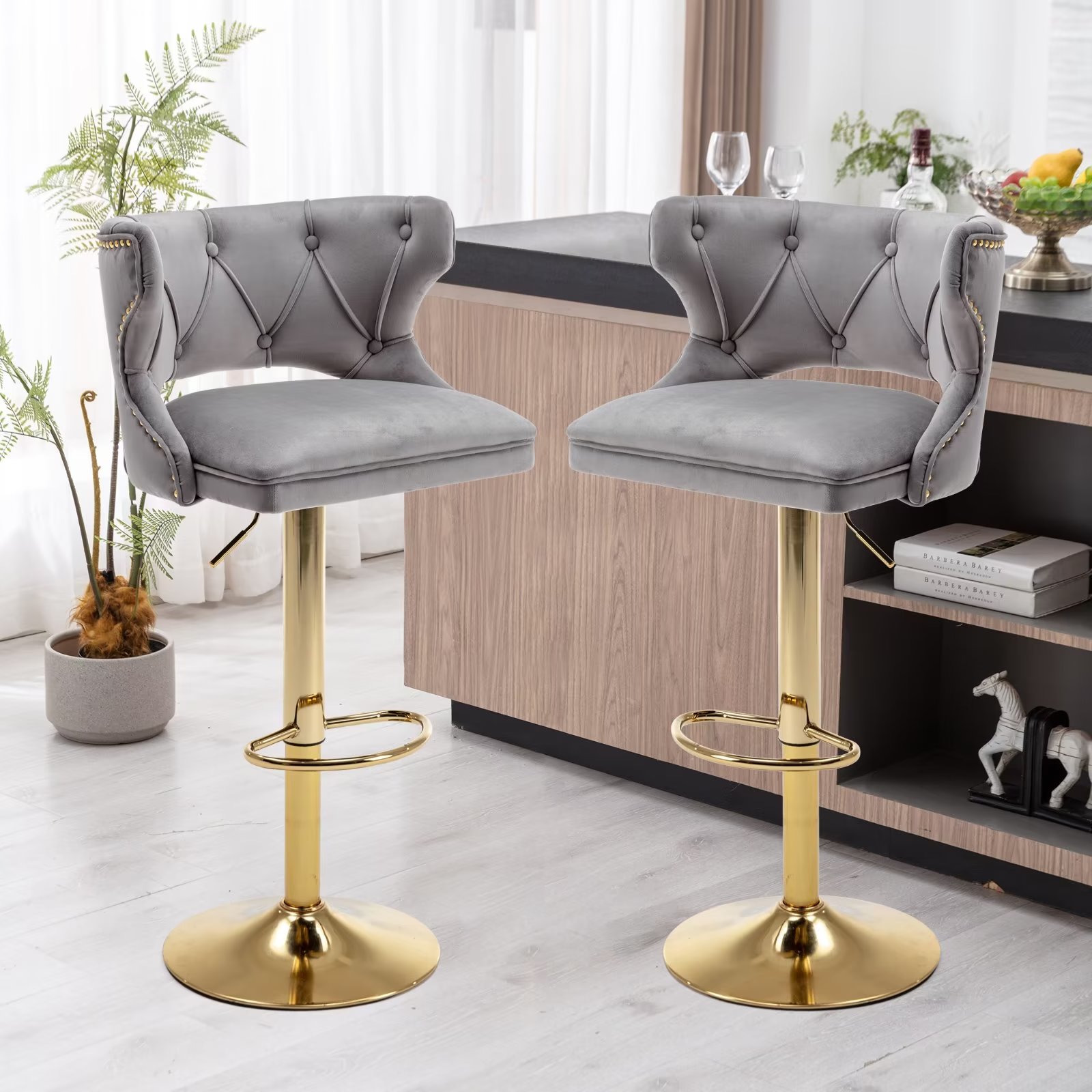 Set of 2 Bar Chairs, Velvet Upholstered Bar Stools with Button Tufted ...