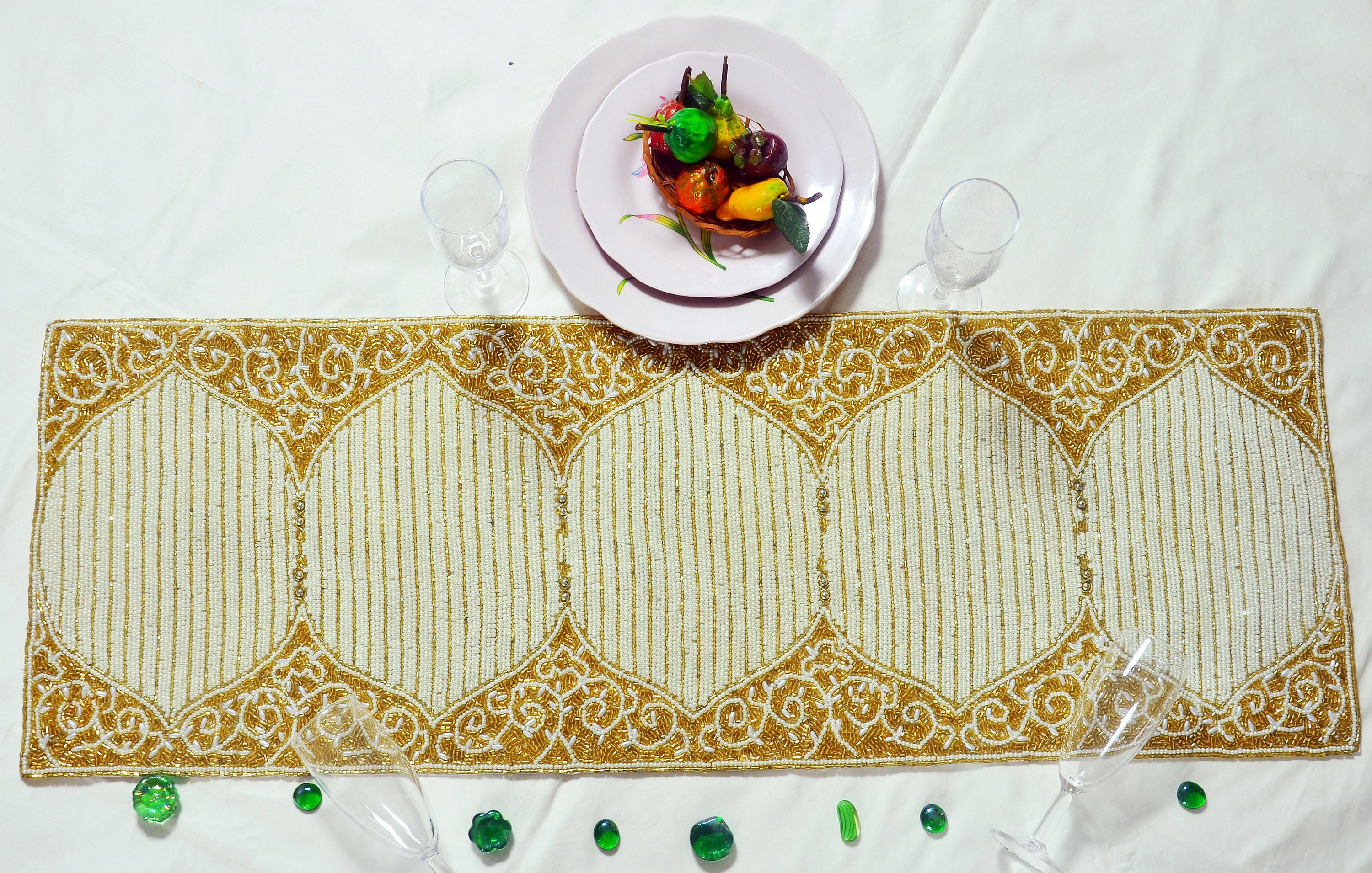 White And Gold Beaded Table Runner, Handmade Designer Table Runner ...