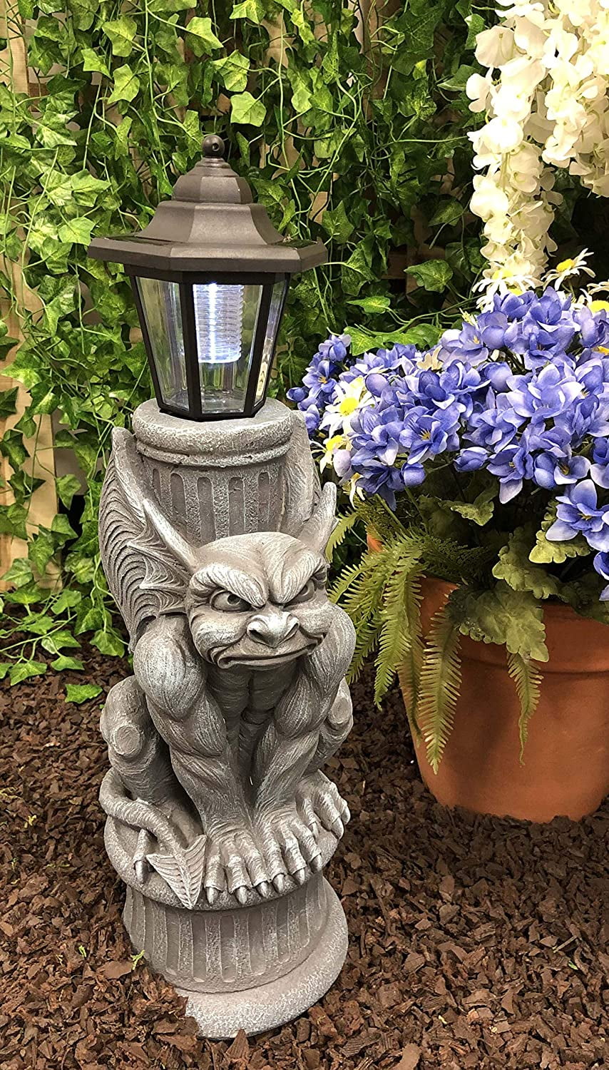 Ebros Gothic Gargoyle Statue with Solar LED Lantern Light Post 20" Tall ...