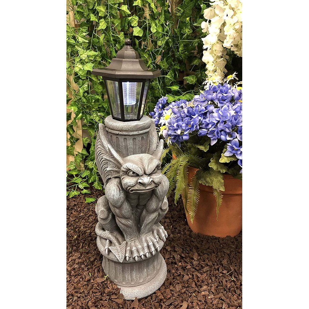 Ebros Gothic Gargoyle Statue with Solar LED Lantern Light Post 20" Tall ...