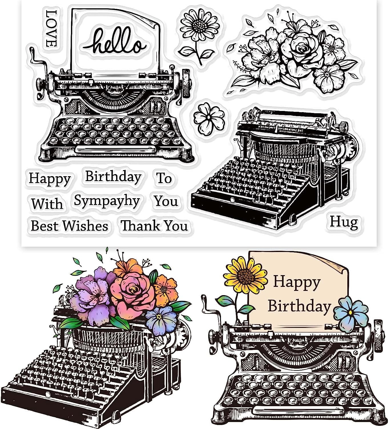 1sheet Vintage Typewriter Clear Stamps Flower Typewriter Silicone ...