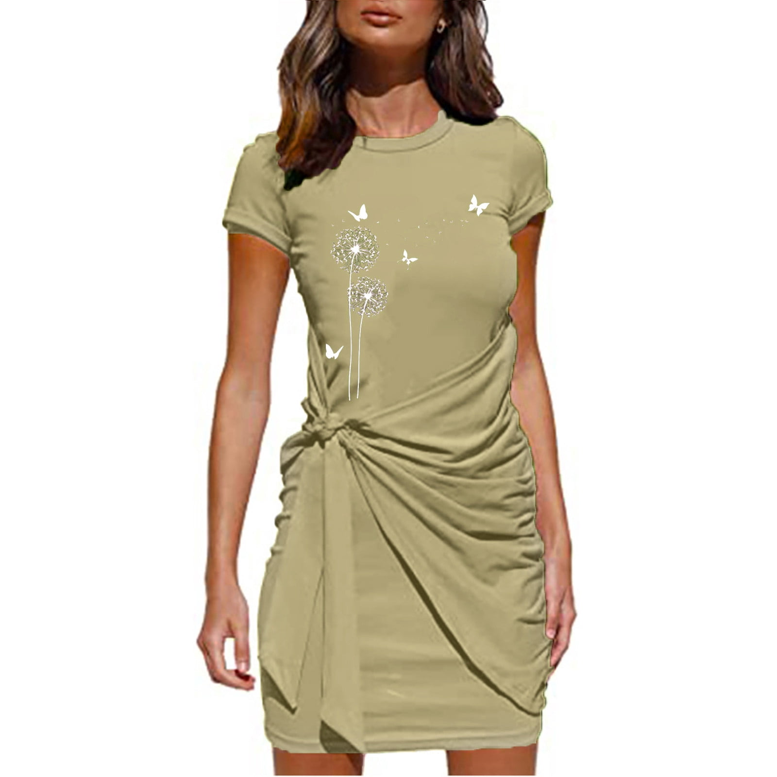 Womens Casual Solid Short Sleeve Round Neck Tight-fitting Dress Summer ...