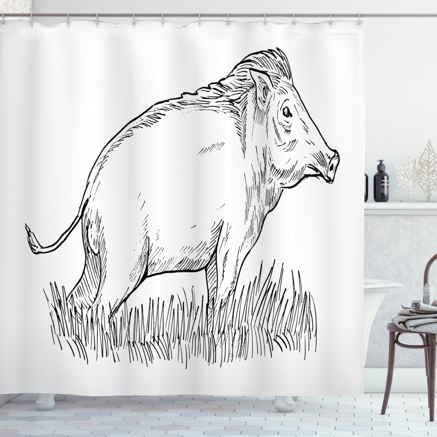 Razorback Shower Curtain, Animal Print Themed Outline Monochrome Sketch ...