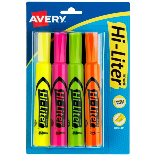 Avery Hi-Liter Desk-Style Highlighters, SmearSafe, Chisel Tip, 4 ...