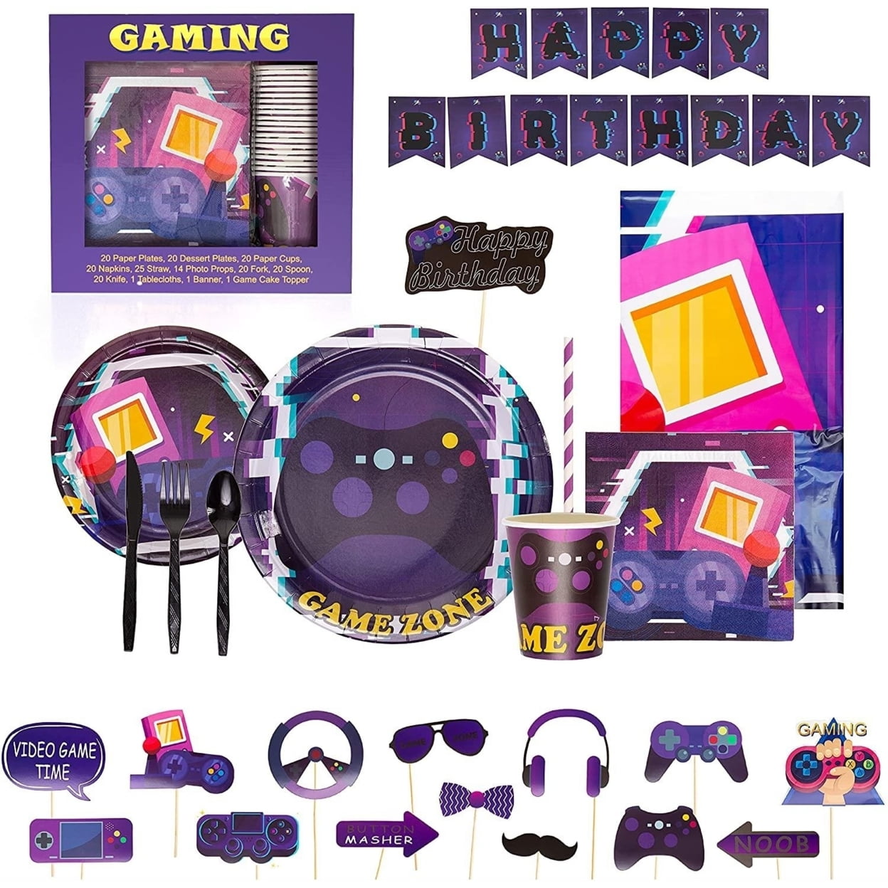 Video Game Themed Party in a Box Kit Cups Plates Utensils Photo Booth ...