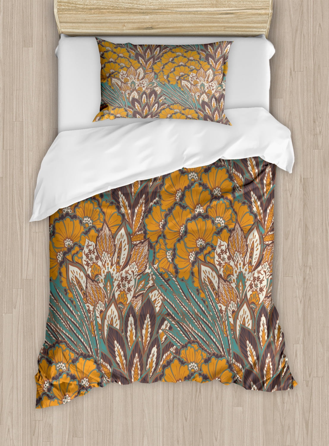 Floral Duvet Cover Set Twin Size Pattern Of Flowers And Peacock