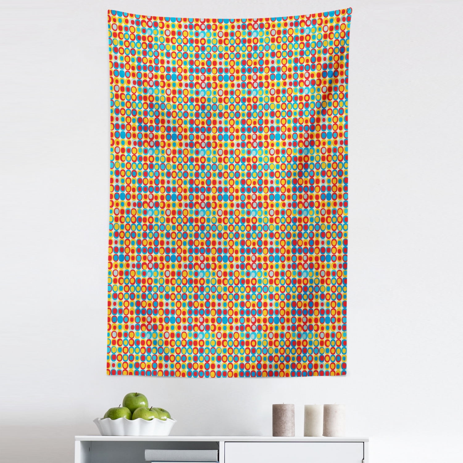Cartoon Tapestry, Retro Style Circles with Grid Mosaic Pattern Colorful ...