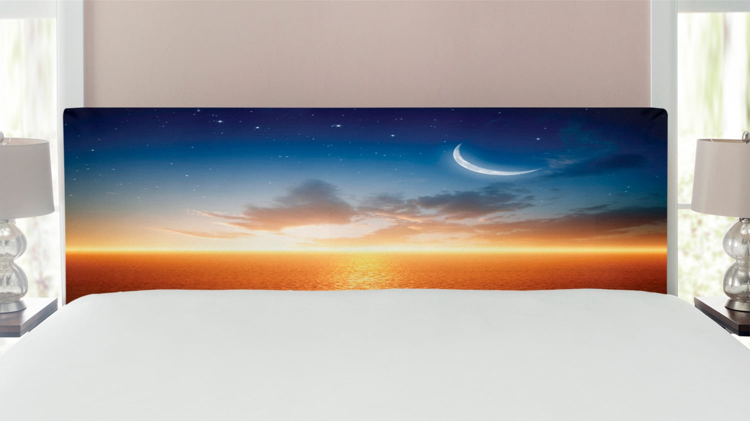 Ocean Headboard, Sunset Sky with Moon and Stars Horizon Scenery Fantasy ...