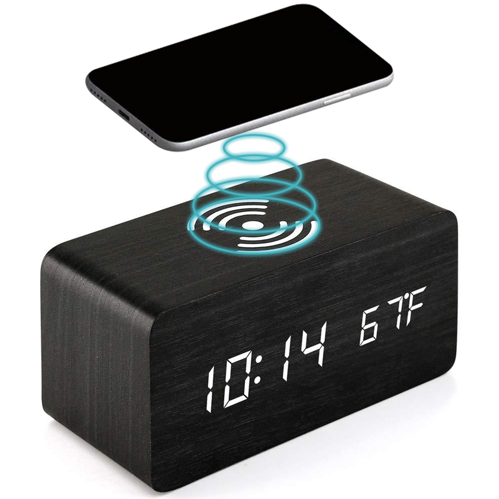 Wooden Digital Alarm Clock 3 Alarms Led Display Wireless Charging ...