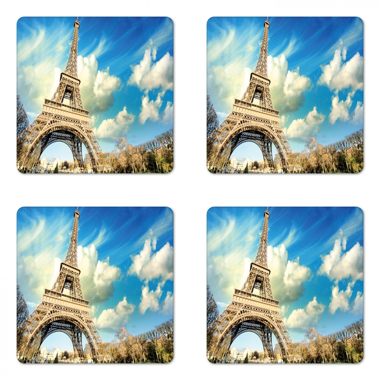 Paris Coaster Set of 4, Famous Eiffel Tower France and Cloudy Autumn ...