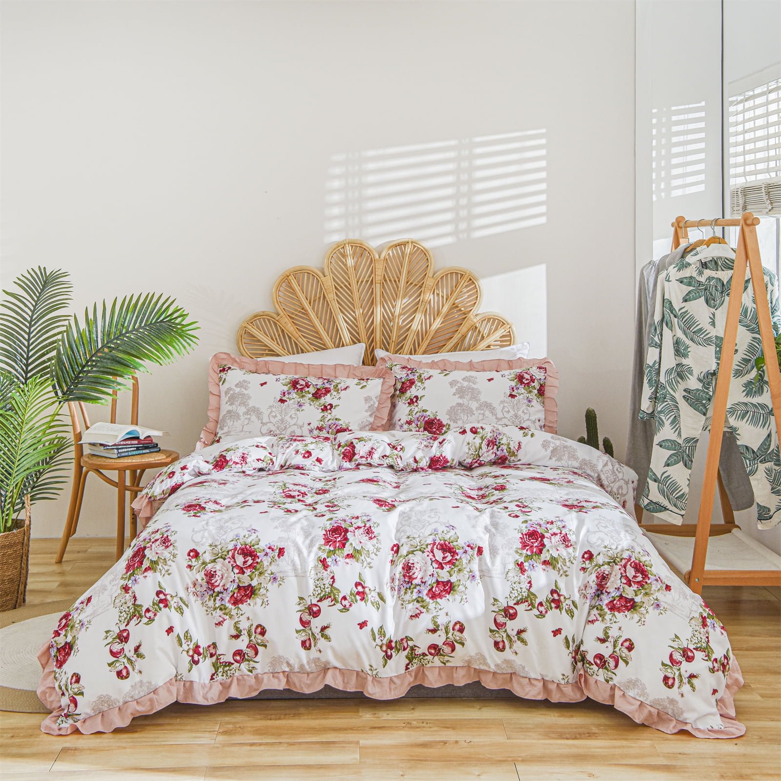 Move Over Pink Flowers Ruffle Duvet Cover Set Queen Botanical Bedding ...
