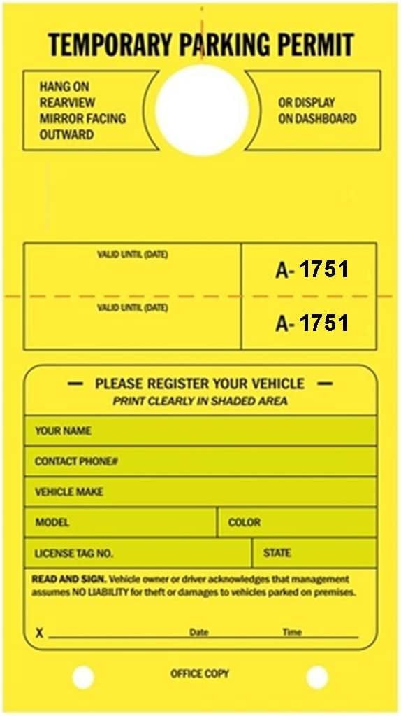 Temporary Parking Permit - Mirror Hang Tags, Numbered with Tear-Off ...