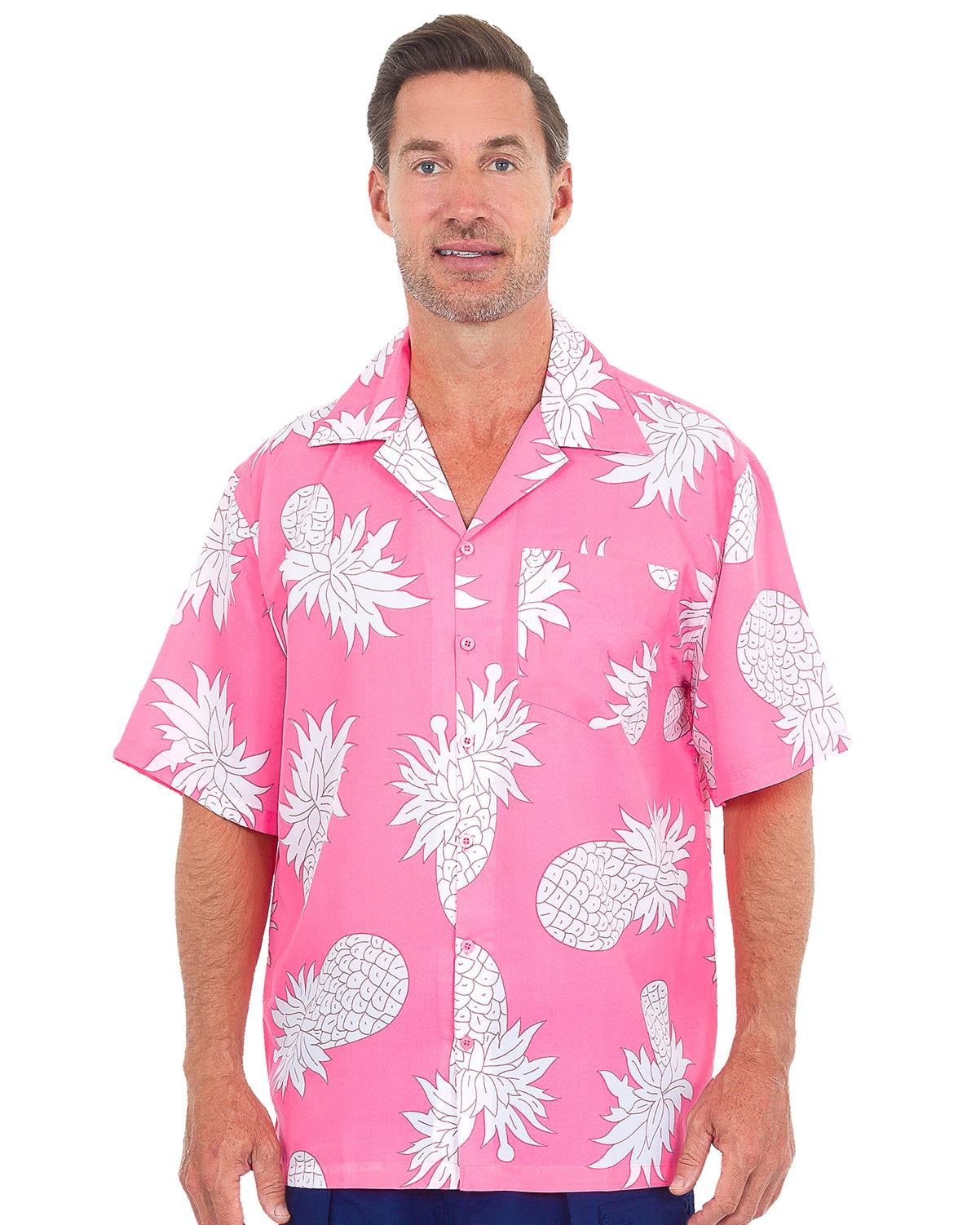 UZZI Mens Hawaiian Casual Button Down Short Sleeve Beach Pineapples ...